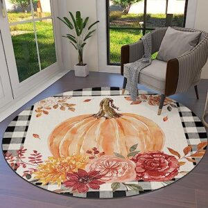 fall thanksgiving round area rug 3ft,washable outdoor indoor carpet runner rug for bedroom,kitchen,living room,office,area+rug small bath door desk floor mat autumn pumpkin flower leaves plaid check