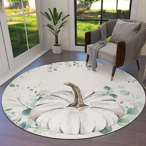 white chic pumpkin round area rug 3ft,washable outdoor indoor carpet runner rug for bedroom,kitchen,living room,office,area+rug small bath door desk mat thanksgiving fall greenery eucalyptus plant