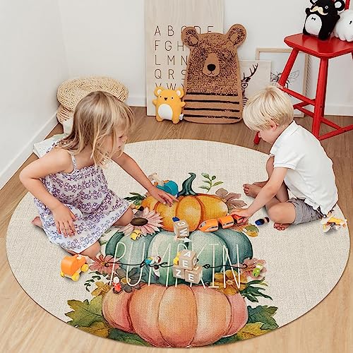 Harvest Pumpkin Round Area Rug 5ft,Washable Outdoor Indoor Carpet Runner Rug for Bedroom,Kitchen,Living Room,Office,Area+Rug Large Bath Door Desk Floor Mat Fall Thanksgiving Autumn Flower Leaves