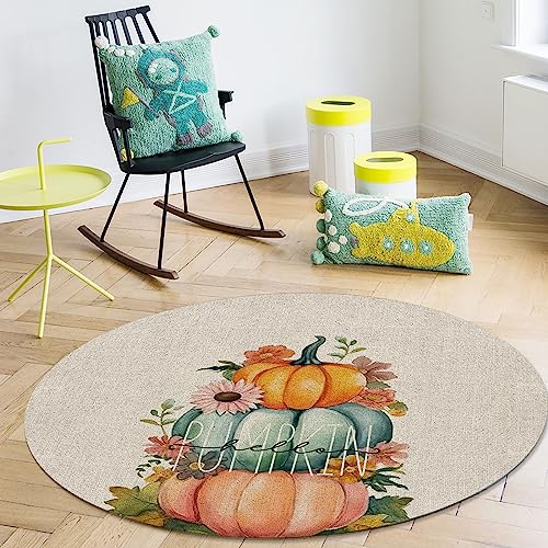 Harvest Pumpkin Round Area Rug 5ft,Washable Outdoor Indoor Carpet Runner Rug for Bedroom,Kitchen,Living Room,Office,Area+Rug Large Bath Door Desk Floor Mat Fall Thanksgiving Autumn Flower Leaves