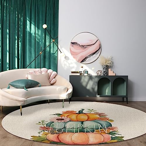 Harvest Pumpkin Round Area Rug 5ft,Washable Outdoor Indoor Carpet Runner Rug for Bedroom,Kitchen,Living Room,Office,Area+Rug Large Bath Door Desk Floor Mat Fall Thanksgiving Autumn Flower Leaves