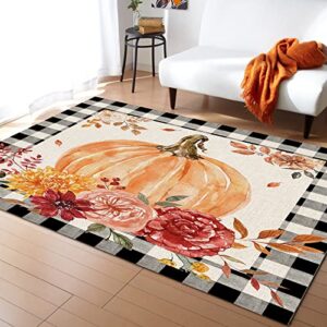 2'x3' fall thanksgiving area rug,outdoor indoor washable carpet area+rug for living room,boys/girls bedroom,bathroom,classroom,kitchen,hallway,throw floor mat autumn pumpkin flower leaves plaid check