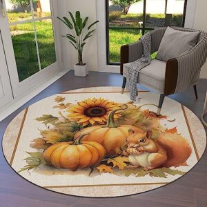 thanksgiving vintage round area rug 4ft,washable outdoor indoor carpet runner rug for bedroom,kitchen,living room,office,area+rug large bath door desk floor mat fall pumpkins squirrel sunflower