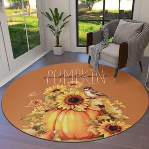 pumpkin sunflower round area rug 3.3ft,washable outdoor indoor carpet runner rug for bedroom,kitchen,living room,office,area+rug small bath door desk floor mat fall thanksgiving harvest autumn orange