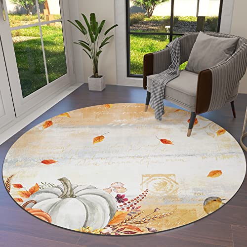 Thanksgiving Round Area Rug 3ft,Washable Outdoor Indoor Carpet Runner Rug for Bedroom,Kitchen,Living Room,Office,Area+Rug Small Bath Door Desk Floor Mat Fall Pumpkins Autumn Fall Leaves Oil Painting