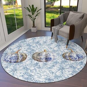 thanksgiving round area rug 3ft,washable outdoor indoor carpet runner rug for bedroom,kitchen,living room,office,area+rug small bath door desk floor mat blue pumpkins autumn oil painted tile flower