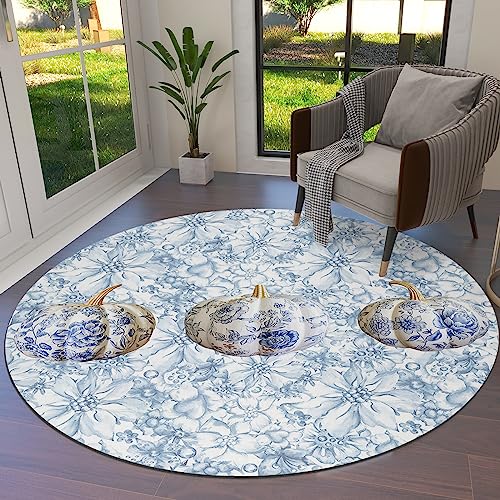 Thanksgiving Round Area Rug 3ft,Washable Outdoor Indoor Carpet Runner Rug for Bedroom,Kitchen,Living Room,Office,Area+Rug Small Bath Door Desk Floor Mat Blue Pumpkins Autumn Oil Painted Tile Flower