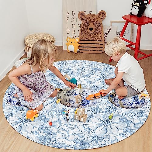 Thanksgiving Round Area Rug 3ft,Washable Outdoor Indoor Carpet Runner Rug for Bedroom,Kitchen,Living Room,Office,Area+Rug Small Bath Door Desk Floor Mat Blue Pumpkins Autumn Oil Painted Tile Flower