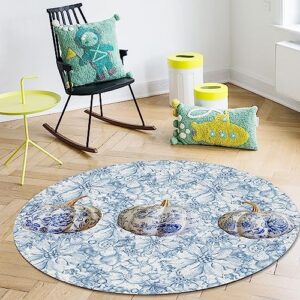 Thanksgiving Round Area Rug 3ft,Washable Outdoor Indoor Carpet Runner Rug for Bedroom,Kitchen,Living Room,Office,Area+Rug Small Bath Door Desk Floor Mat Blue Pumpkins Autumn Oil Painted Tile Flower