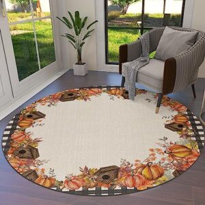 thanksgiving autumn round area rug 3ft,washable outdoor indoor carpet runner rug for bedroom,kitchen,living room,office,area+rug small bath door desk floor mat farmhouse pumpkin mushroom leaves