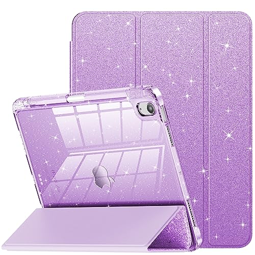 INFILAND Compatible with iPad Air 5th Generation Case 2022, iPad Air 4th Generation Case 2020 10.9 inch, Glitter Leather Cover with Sparkly Crystal Clear Back, Pencil Holder, Anti-Yellowing, Purple