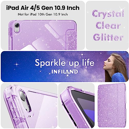 INFILAND Compatible with iPad Air 5th Generation Case 2022, iPad Air 4th Generation Case 2020 10.9 inch, Glitter Leather Cover with Sparkly Crystal Clear Back, Pencil Holder, Anti-Yellowing, Purple