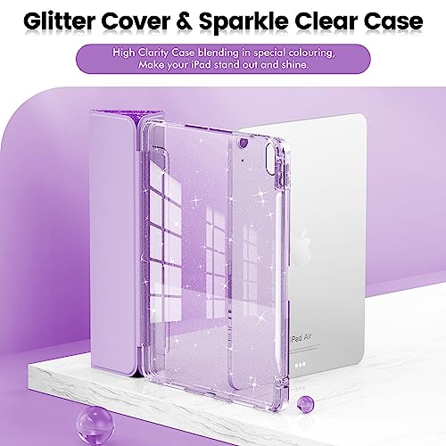 INFILAND Compatible with iPad Air 5th Generation Case 2022, iPad Air 4th Generation Case 2020 10.9 inch, Glitter Leather Cover with Sparkly Crystal Clear Back, Pencil Holder, Anti-Yellowing, Purple