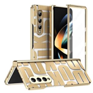 case for samsung galaxy z fold 3 5g,luxury slim plating frame hinge protection case cover with screen protection compatible with samsung galaxy z fold 3 5g(gold)