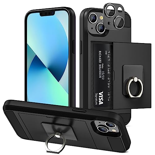 Vofolen for iPhone 13 Case Wallet Credit Card Holder with Transparent Ring Stand Kickstand, Camera Lens Protector Hidden Pocket Anti-Scratch Dual Layer Slim Protective Cover 6.1 inch Black