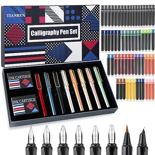 TIANREN Calligraphy Pen set,Fountain Pens with 8 Different Replaceable Nibs with 60 Ink Cartridges(12 Colors),Calligraphy set for Beginner Writing Drawing.