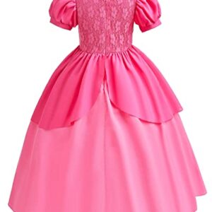 MOAGIS Kids Girl Princess Peach Costume Pink Dress Halloween Dress up Outfits with Crown Gloves Costumes for Girls, 4-5Y