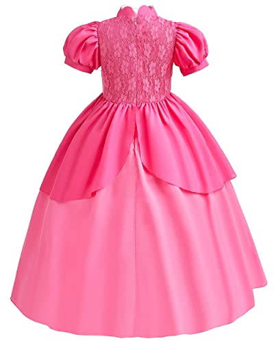 MOAGIS Kids Girl Princess Peach Costume Pink Dress Halloween Dress up Outfits with Crown Gloves Costumes for Girls, 4-5Y