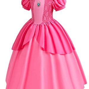 MOAGIS Kids Girl Princess Peach Costume Pink Dress Halloween Dress up Outfits with Crown Gloves Costumes for Girls, 4-5Y