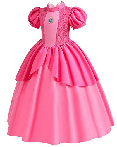 MOAGIS Kids Girl Princess Peach Costume Pink Dress Halloween Dress up Outfits with Crown Gloves Costumes for Girls, 4-5Y