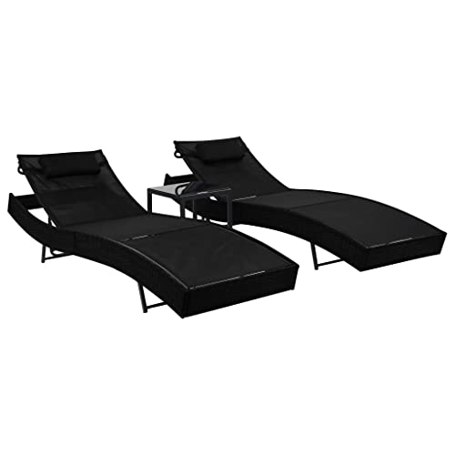 Penau Sun Loungers 2 pcs with Table Poly Rattan and Textilene Black Experience Ultimate Outdoor Leisure Soak Up The Sun in Comfort