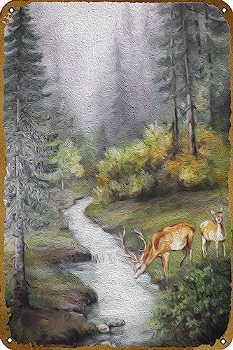 Deers by the water Tin Sign Retro Home Club bar Wall Art Decoration Metal Tin Sign 12 X 8 inch