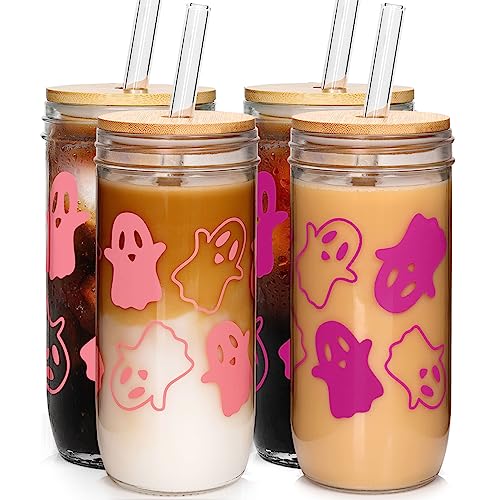 ANOTION Halloween Cups, 24oz Halloween Mason Jar with Lid and Straw Tumbler Iced Coffee Cups Halloween Decor Cookie Jar Glasses Halloween Glassware Drinking Water Bottles Halloween Decorations Indoor