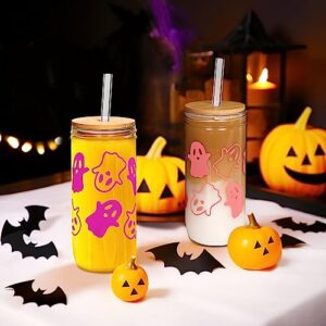 ANOTION Halloween Cups, 24oz Halloween Mason Jar with Lid and Straw Tumbler Iced Coffee Cups Halloween Decor Cookie Jar Glasses Halloween Glassware Drinking Water Bottles Halloween Decorations Indoor