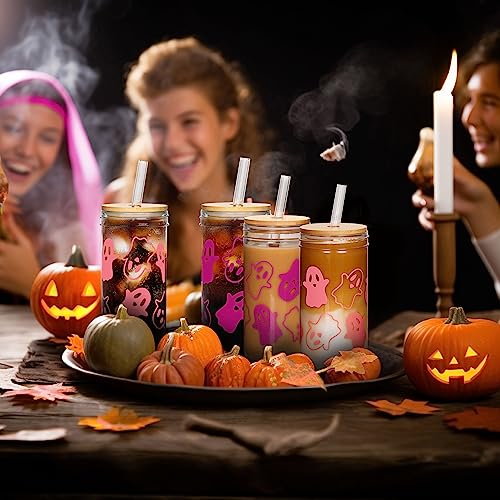 ANOTION Halloween Cups, 24oz Halloween Mason Jar with Lid and Straw Tumbler Iced Coffee Cups Halloween Decor Cookie Jar Glasses Halloween Glassware Drinking Water Bottles Halloween Decorations Indoor