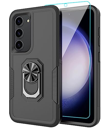 LEXNEC for Samsung Galaxy S23 Case with Tempered Glass Screen Protector,Heavy-Duty Tough Rugged Phone Case Cover with Ring Holder Kickstand for Galaxy S23 5G (6.1", 2023) [Black]