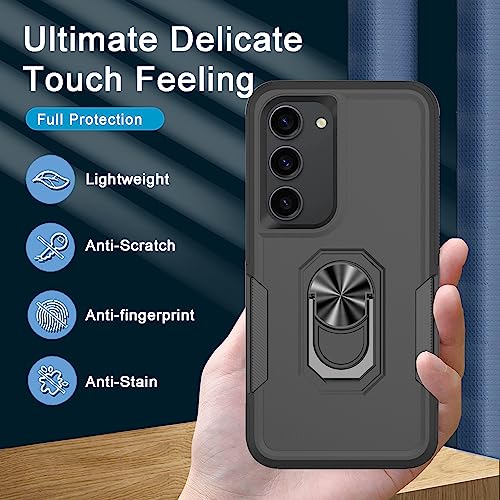 LEXNEC for Samsung Galaxy S23 Case with Tempered Glass Screen Protector,Heavy-Duty Tough Rugged Phone Case Cover with Ring Holder Kickstand for Galaxy S23 5G (6.1", 2023) [Black]