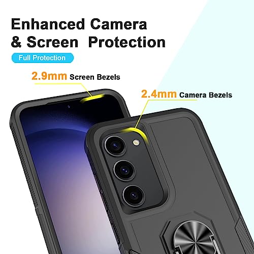 LEXNEC for Samsung Galaxy S23 Case with Tempered Glass Screen Protector,Heavy-Duty Tough Rugged Phone Case Cover with Ring Holder Kickstand for Galaxy S23 5G (6.1", 2023) [Black]