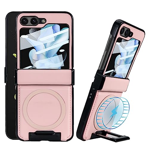 Woluki for Galaxy Z Flip 5 Case with Hinge Protection, Compatible with MagSafe, Built-in Invisible Stand Military Drop Shockproof Luxury Leather Phone Cover for Samsung Galaxy Z Flip5 5g 2023 (Pink)