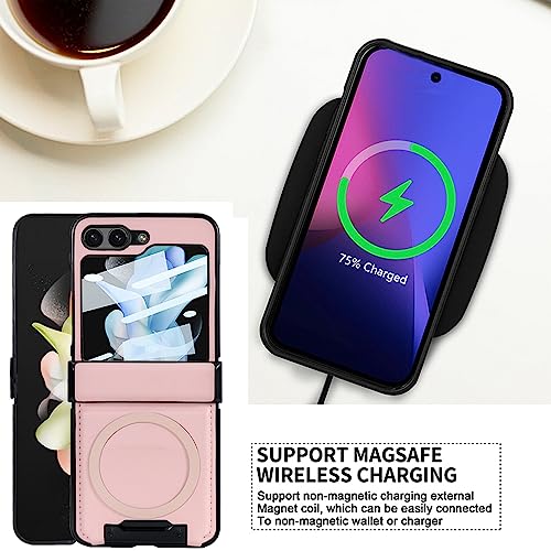 Woluki for Galaxy Z Flip 5 Case with Hinge Protection, Compatible with MagSafe, Built-in Invisible Stand Military Drop Shockproof Luxury Leather Phone Cover for Samsung Galaxy Z Flip5 5g 2023 (Pink)