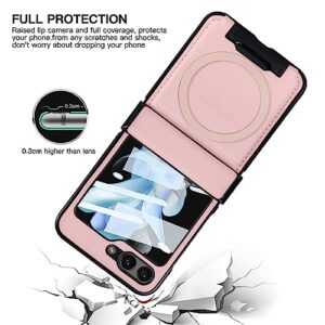 Woluki for Galaxy Z Flip 5 Case with Hinge Protection, Compatible with MagSafe, Built-in Invisible Stand Military Drop Shockproof Luxury Leather Phone Cover for Samsung Galaxy Z Flip5 5g 2023 (Pink)