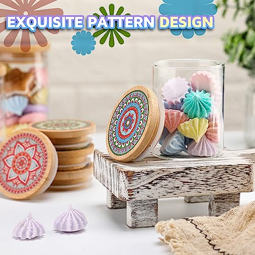 12 Pcs Oui Yogurt Jar Lids Reusable Bamboo Mandala Pattern Wooden Lids with Silicone Sealing Rings Large Mouth Storage Lids Compatible Suitable for Oui Yogurt Jars, Spice Cookie Jars, Coffee Bean