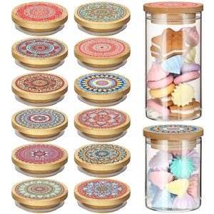 12 pcs oui yogurt jar lids reusable bamboo mandala pattern wooden lids with silicone sealing rings large mouth storage lids compatible suitable for oui yogurt jars, spice cookie jars, coffee bean