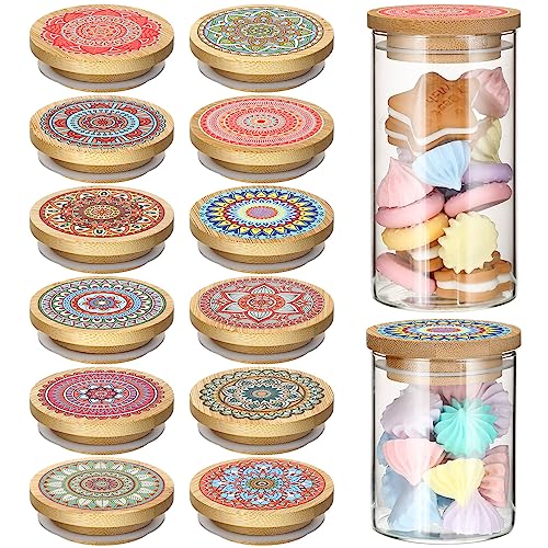 12 Pcs Oui Yogurt Jar Lids Reusable Bamboo Mandala Pattern Wooden Lids with Silicone Sealing Rings Large Mouth Storage Lids Compatible Suitable for Oui Yogurt Jars, Spice Cookie Jars, Coffee Bean