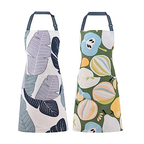 ARBINSON 2 Pack Floral Apron for Women with Pockets, Adjustable Cotton Chef Aprons for Kitchen, Cooking, BBQ & Grill (Teal/Fruits)