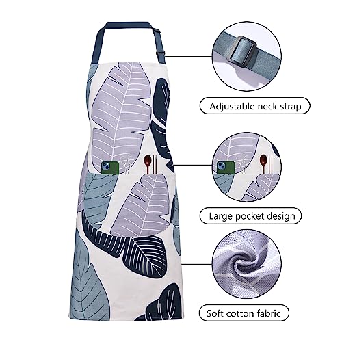 ARBINSON 2 Pack Floral Apron for Women with Pockets, Adjustable Cotton Chef Aprons for Kitchen, Cooking, BBQ & Grill (Teal/Fruits)