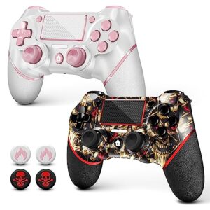 acegamer 2 pack wireless controller for ps4, thumb caps included! (gold-skull and pink-white)