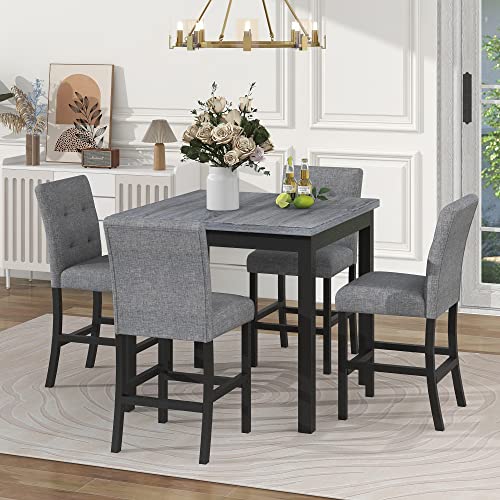 Counter Height Dining Table Set for 4, 5 Piece High Top Kitchen Table and Chairs, Dinning Room Small Breakfast Table Set, Square Pub Table and High-Back Chairs Set of 4, Black