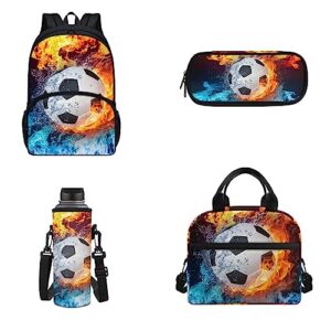 drydeepin blue orange flame fire football soccer ball print 4pcs school bag set for kids boys school backpack with lunch box and water bottle holder pencil pouch middle school student bookbag