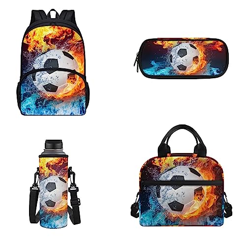 Drydeepin Blue Orange Flame Fire Football Soccer Ball Print 4Pcs School Bag Set for Kids Boys School Backpack with Lunch Box and Water Bottle Holder Pencil Pouch Middle School Student Bookbag