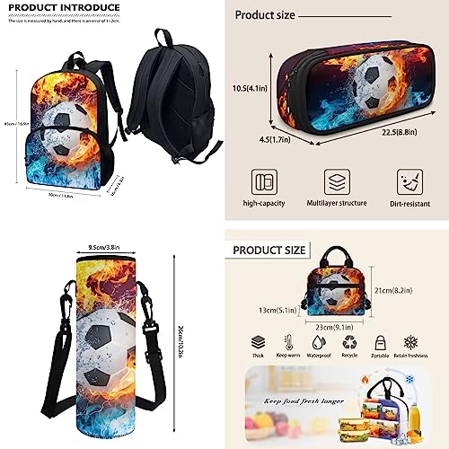 Drydeepin Blue Orange Flame Fire Football Soccer Ball Print 4Pcs School Bag Set for Kids Boys School Backpack with Lunch Box and Water Bottle Holder Pencil Pouch Middle School Student Bookbag