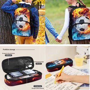 Drydeepin Blue Orange Flame Fire Football Soccer Ball Print 4Pcs School Bag Set for Kids Boys School Backpack with Lunch Box and Water Bottle Holder Pencil Pouch Middle School Student Bookbag