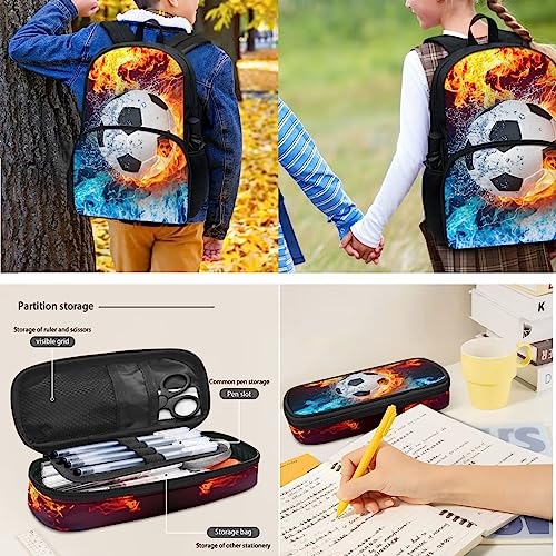 Drydeepin Blue Orange Flame Fire Football Soccer Ball Print 4Pcs School Bag Set for Kids Boys School Backpack with Lunch Box and Water Bottle Holder Pencil Pouch Middle School Student Bookbag