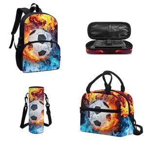 Drydeepin Blue Orange Flame Fire Football Soccer Ball Print 4Pcs School Bag Set for Kids Boys School Backpack with Lunch Box and Water Bottle Holder Pencil Pouch Middle School Student Bookbag