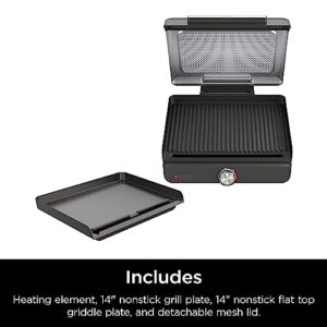 Ninja GR101 Sizzle Smokeless Indoor Grill & Griddle, 14'' Interchangeable Nonstick Grill and Griddle Plates, Dishwasher-Safe Removable Mesh Lid, 500F Max Heat, Even Edge-to-Edge Cooking, Grey/Silver