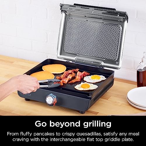 Ninja GR101 Sizzle Smokeless Indoor Grill & Griddle, 14'' Interchangeable Nonstick Grill and Griddle Plates, Dishwasher-Safe Removable Mesh Lid, 500F Max Heat, Even Edge-to-Edge Cooking, Grey/Silver